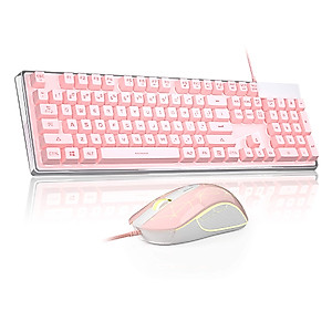 Wired Gaming Keyboard and Mouse Combo, LED Backlit Gaming Keyboard with Crystal Cover, 7 Colors LED Backlit Gaming Mouse 3200 DPI for PC Gamer Computer Desktop (Pink) (Color : Pink, Size : White)