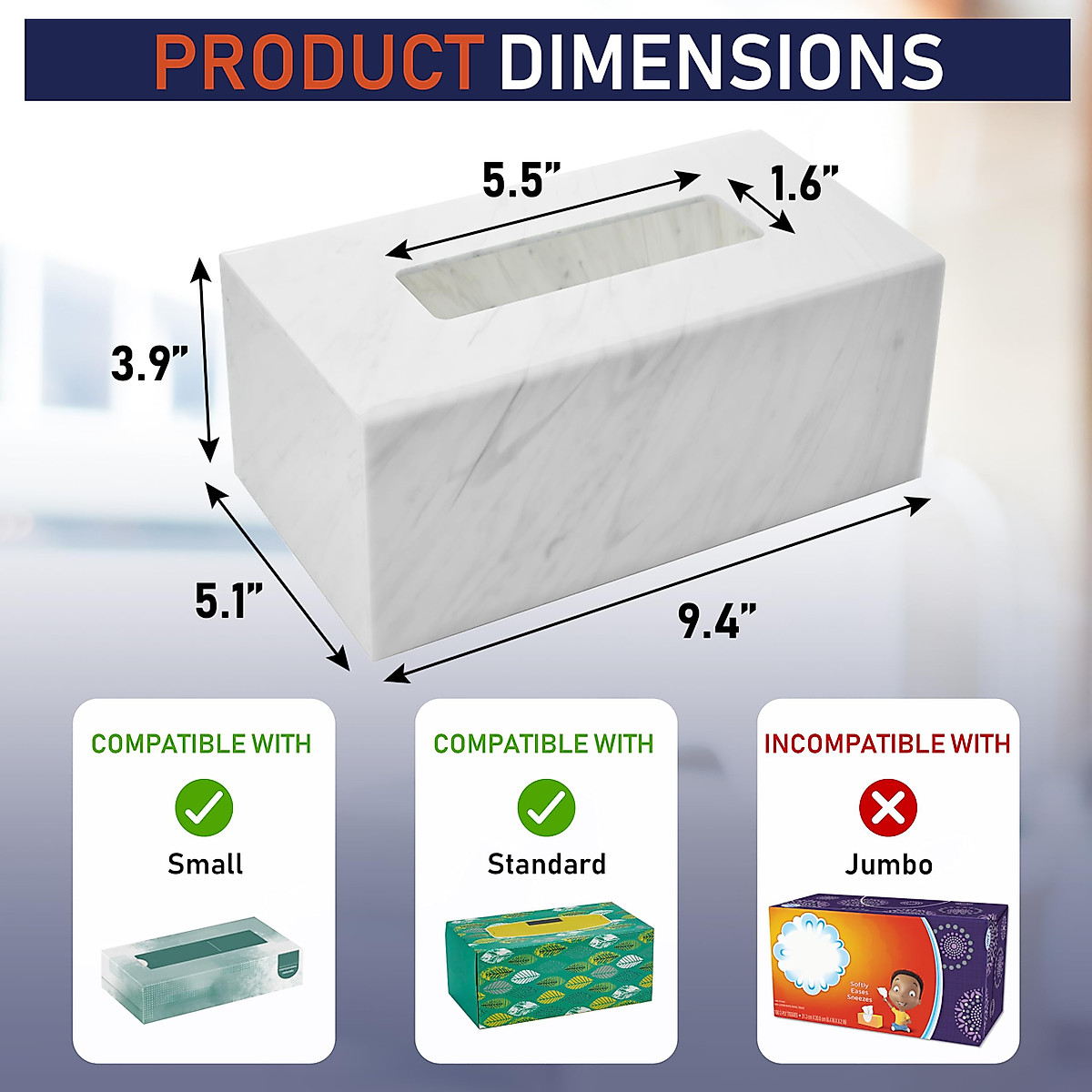 Acrylic Tissue Box Holder, Clear Dispenser for Facial Tissues, Napkins, and Dryer Sheets. Perfect for Bathrooms, Desks, Countertops, Vanities, Bedrooms, and Nightstands (Rectangle, Marble)