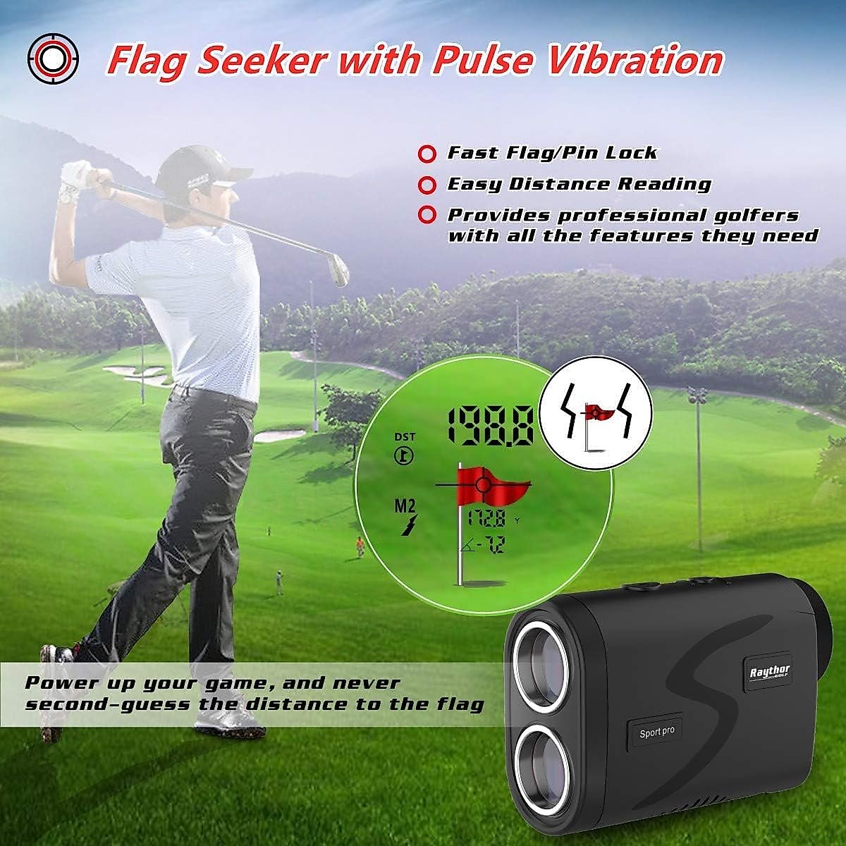 Raythor Pro Golf Rangefinder for Professional Golfers, Laser Range Finder with Slope & Non Slope Physical Switch, Flag-Lock with Pulse Vibration, Continuous Scan, Rechargeable