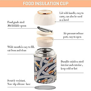 JUNZAN Cute Car Truck Road Traffic Kids Womens Insulated Food Jar with Spoon 17oz/500ml Steel Food Jar Stainless Steel Vacuum Keep Warm Food Container for Keep Food Hot