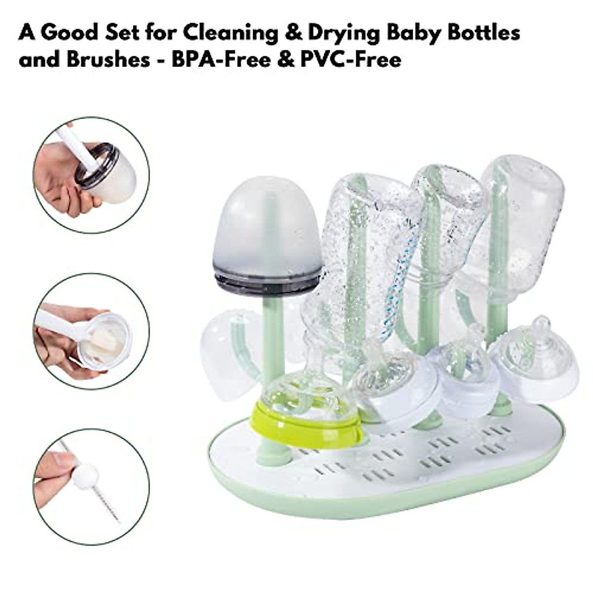Jumperlay Baby Bottle Drying Rack with 2 Pack Sponge Brush and 2 Pack Straw Cleaner Brushes, High Capacity Countertop Bottle Dryer Holder for 4 Sets of Baby Bottles and Accessories, Green