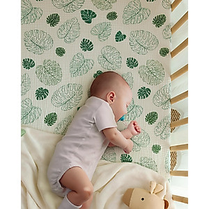 Muslin Crib Sheets, Cotton Neutral Crib Sheet for Baby Girls and Boys, Fitted for Standard Crib Mattress & Toddler Bed Mattress (52"x28"), Soft and Breathable, 2 Pack(Monstera&Dark Green)
