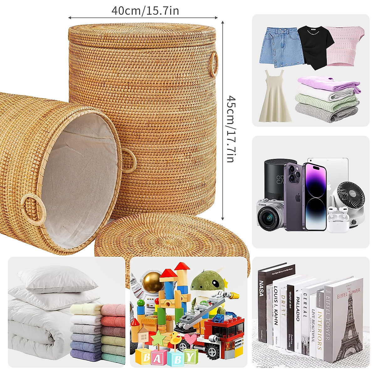 LALASUN Rattan Laundry Hamper With Lid, Round Wicker Large Hampers For Laundry With Liner Bag and Handles for Organizing Clothes Kids Toys Books (15.7" L×15.7"W×17.3"H）