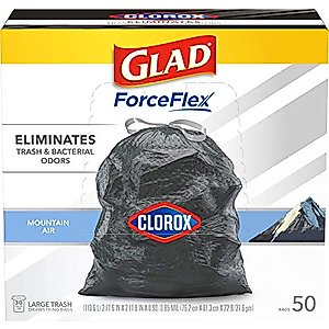 GLAD ForceFlex Large Drawstring Trash Bags, 30 Gallon Black Trash Bags for Large Kitchen Trash Can, Mountain Air Scent to Eliminate Odors, 50 Count (Package May Vary)