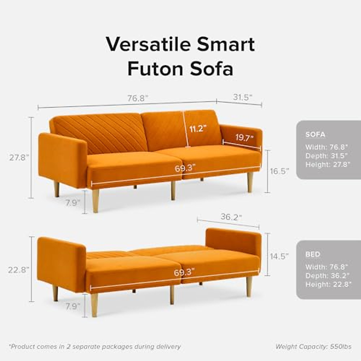 mopio Futon Sofa Bed, Couch, Small Sofa, Sleeper Sofa, Loveseat, Mid Century Modern Futon Couch, Sofa Cama, Couches for Living Room (Apricot Velvet)