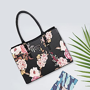 MOSISO Laptop Tote Bag Compatible with MacBook Air 15 M2 A2941 2023/Pro 16 A2780 A2485 A2141 & 15-15.6 inch Notebook, Peony Waterproof PU Leather Travel Work Briefcase with Adjustable PU Handle, Black