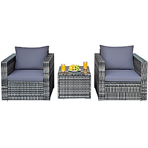 HAPPYGRILL 3 Pieces Patio Conversation Set, Outdoor Rattan Wicker Sofa Set with Coffee Table, Patio Furniture Set with Soft Cushions for Balcony Porch Backyard Garden