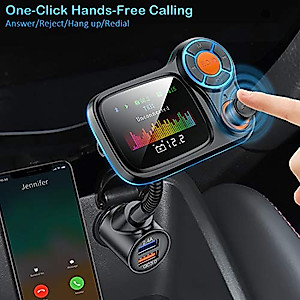 TSNAM Wireless Car Bluetooth Adapter,Radio FM Transmitters HandsFree Call Receiver and MP3 Music/APP Audio Play,QC3.0 and Smart 2.4A Dual USB Charger,1.8" Color Display,Aux Port,TF Card