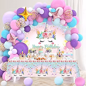 Unicorn Birthday Decorations for Girls,118pcs Unicorn Theme Birthday Party Supplies with Unicorn Balloon Garland Arch Kit Unicorn Backdrop and Tablecloth for Girls Women Birthday Decorations
