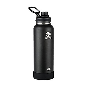 Takeya Actives Insulated Stainless Water Bottle with Insulated Spout Lid, 40oz, Onyx & Originals Bottle Spout Lid, Black