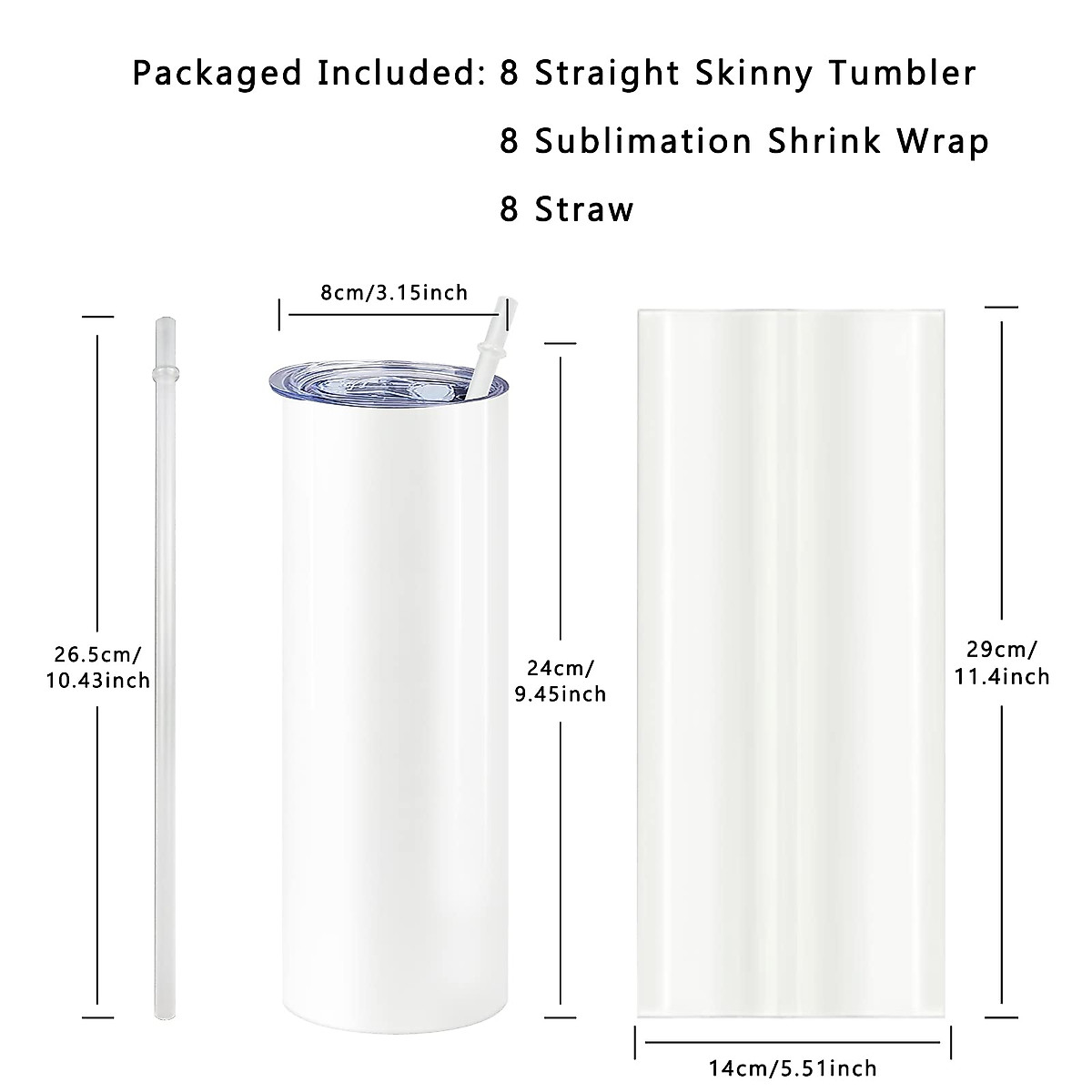 XccMe 8 Pack Sublimation Tumblers bulk,30 oz Skinny Stainless Steel Double Wall Insulated Straight Sublimation Blank with Lid,Box,Shrink Wrap Films,Polymer Coating for Heat Transfer