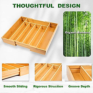 Besilord Expandable Utensil Organizer Silverware Organizer for Kitchen Adjustable Utensils Holder Bamboo Large Flatware Silverware Cutlery in Drawer