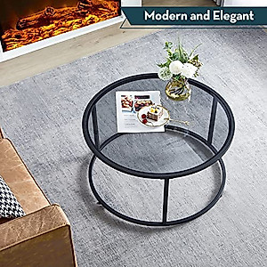 SAYGOER Round Coffee Table Glass Coffee Tables for Small Space Simple Modern Center Table for Living Room Home Office, Sofa Side Table with Metal Steel Frame, Easy Assembly, Gray Black