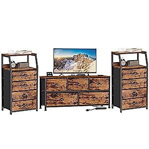 Furnulem 47.2'' Dresser TV Stand with Power Outlet, and 2pcs Tall 4 Drawers Dresser, Vertical Storage Tower for Storage in Bedroom,Living Room,Entryway,Guest Room (Rustic Brown)