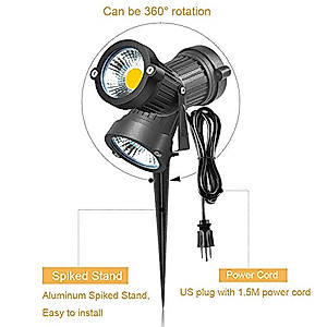 Onerbuy Bright Outdoor LED Landscape Lighting 5W COB Garden Wall Yard Path Lawn Light Lamp with Spiked Stand and Power Plug, Pack of 2 (Warm White)