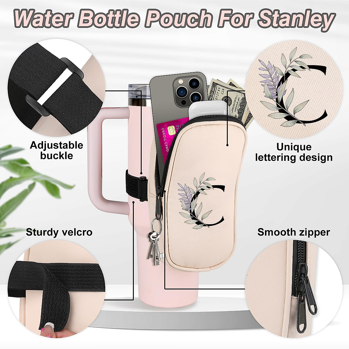 Water Bottle Pouch for Stanley - Water Bottle Pouch - Alphabet Cup Pouch Bag for Stanley Cup 18-40 Oz, Water Bottle Holder with Zipper for Stanley Cup(C)
