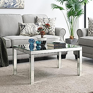 MIREO Coffee Table Mirrored with Crystal Inlay Surface, Rectangle Silver Accent Table, Modern Design Luxury Contemporary Furniture for Living Room from Furniture