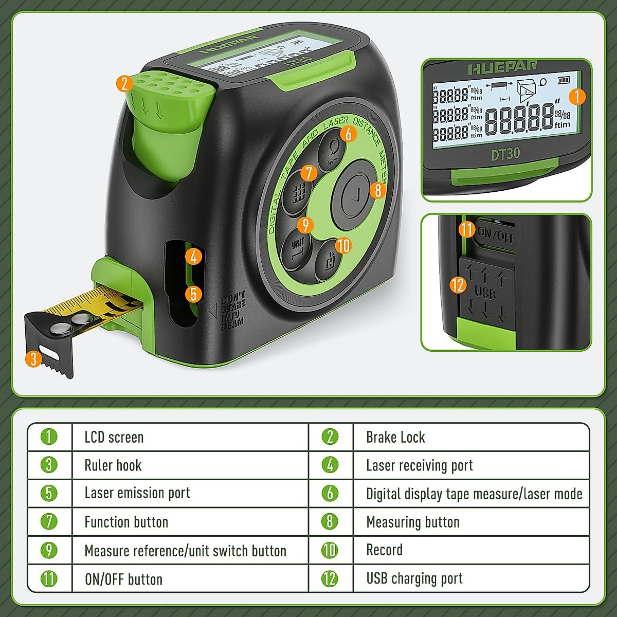 Huepar 2-in-1 Laser Tape Measure, 197Ft Rechargeable Laser Measurement Tool & 16Ft. Measure Tape with Backlit LCD & Movable Hook -Pythagorean, Area, Volume, M/in/Ft Unit Switch Digital Distance Meter