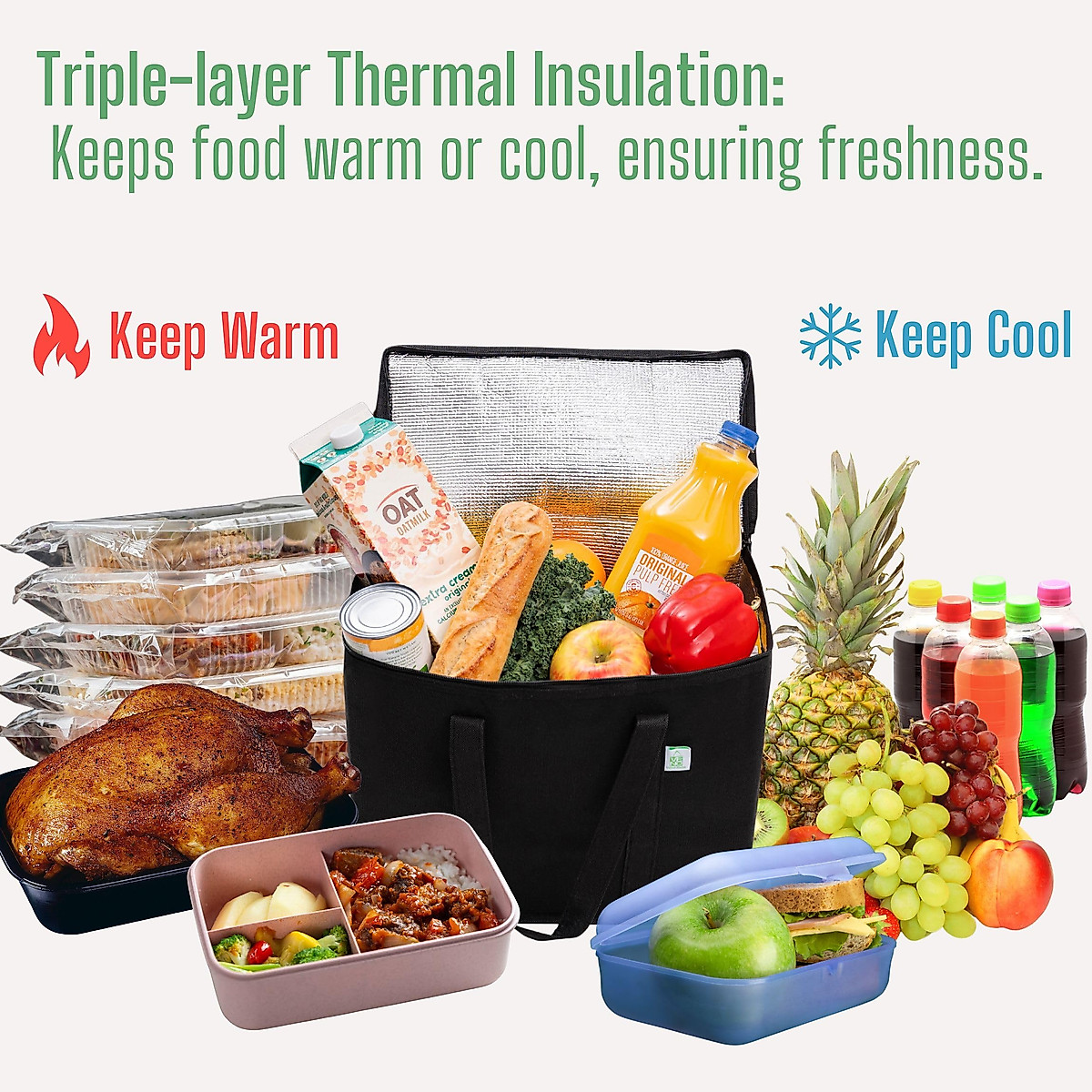 VENO 2 Pack Insulated Reusable Grocery Bag, Food Delivery Bag, Durable, Heavy Duty, Large Size, Stands Upright, Collapsible, Sturdy Zipper, Reusable and Sustainable (BLACK, 2)