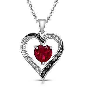 Jewelili Sterling Silver Pendant Necklace with 8mm Heart Created Ruby and Treated Black & Natural White Round Diamonds, 1/10 cttw, 18" Rolo Chain