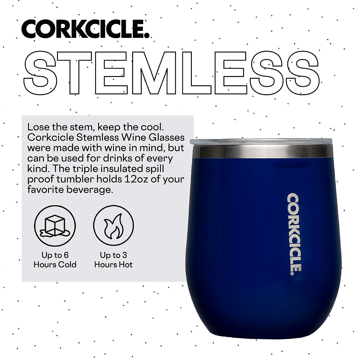 Corkcicle Stemless Insulated Wine Glass Tumbler, Gloss Midnight Blue, 12 oz – Stainless Steel Stemless Wine Glass Keeps Beverages Cold for 6 Hours, Hot for 3 Hours – Non-Slip, Easy-Grip Insulated Cup