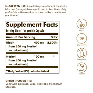 SOLGAR No-Flush Niacin 500 mg - 100 Vegetable Capsules - Supports Energy Metabolism & Nervous System - Vegan, Gluten & Dairy Free, Kosher - 100 Servings