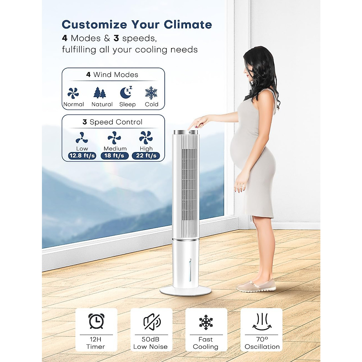 COOLECH 42 INCH Evaporative Air Cooler w/Remote &LED Touch Screen, 4 Mode &3 Speed, 1-Gal Tank for 15H Cooling, 12H Timer for Auto Off, 70°Oscillation Portable Swamp Cooler, Air Cooler for Room Patio