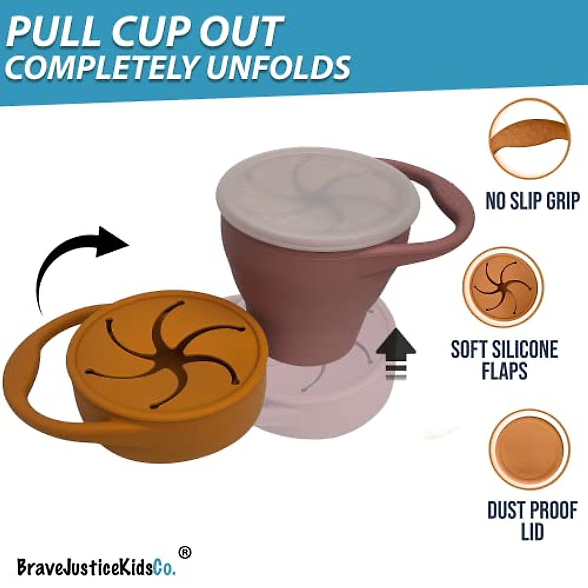 BraveJusticeKidsCo. | Snack Attack Silicone Baby Snack Cup | 2 pack | Collapsible Toddler Snack Cup (Honey Ginger and Dusty Rose)