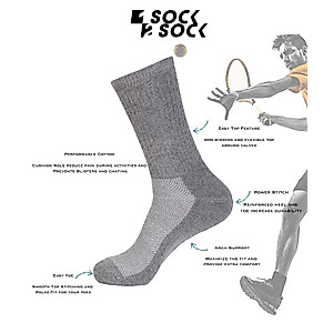 1SOCK2SOCK 6 Pack Performance Cotton Cushion Crew Athletic Sport Socks Moisture Wicking Arch Support Band Grey