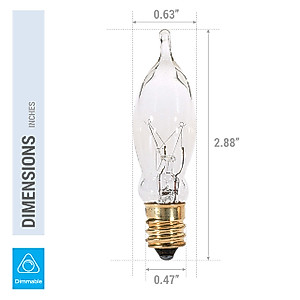 KOR (12 Pack) 7.5CFC/15/3 7.5W 120 Volt, Flame Candelabra Tip Chandelier Bulb, Clear CA5 Incandescent, Petite Decorative Lamp, E12 Candelabra Brass Plated Base, 40 Lumens, Dimmable.