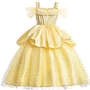 Little Girls Yellow Roses Princess Costume Dress Off Shoulder Layered Dress up (4-5 Years)