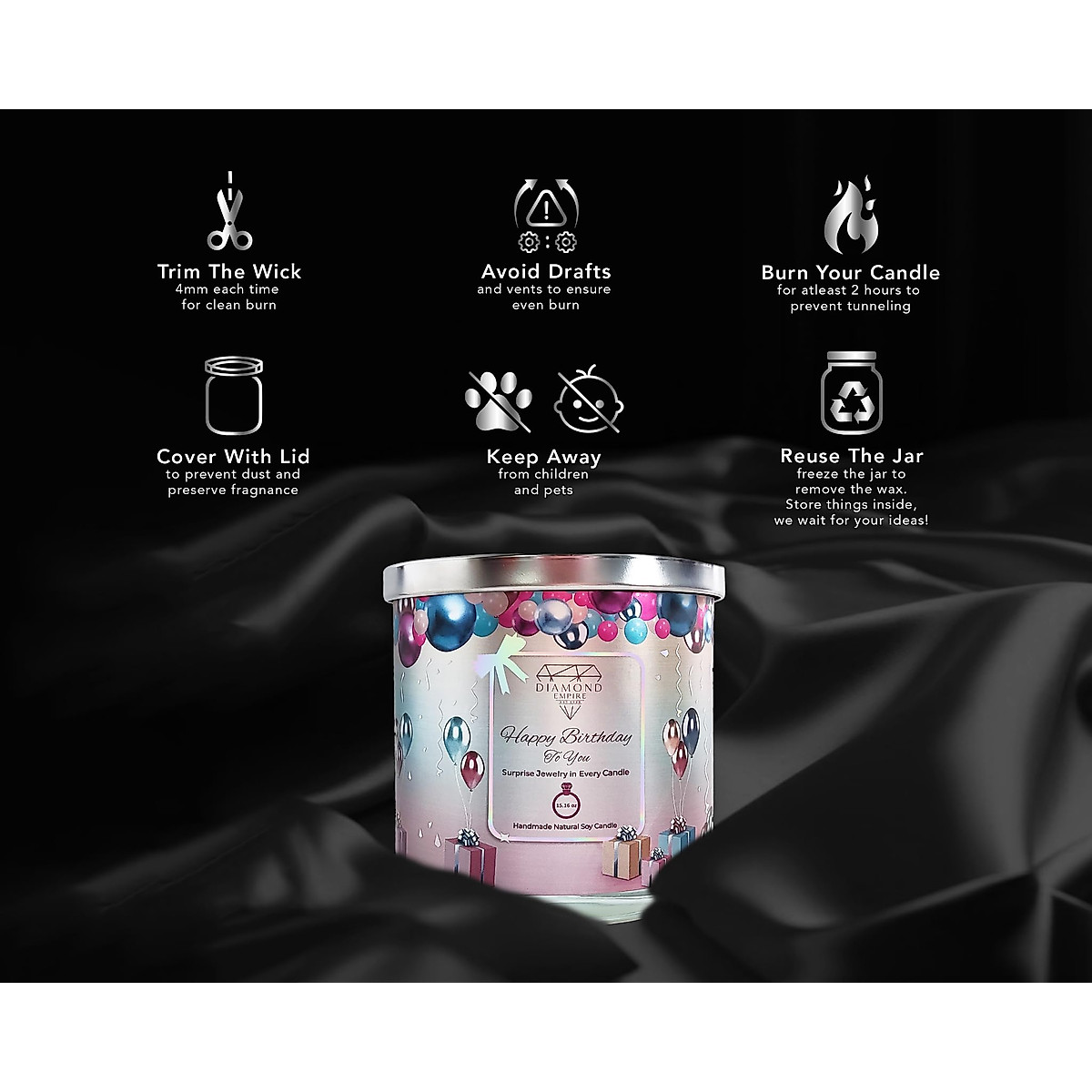 Diamond Empire Happy Birthday Candle with Surprise Jewelry Inside (Surprise Jewelry Valued up to $3,500) 2 Wick Candle (Burn up to 120 H) Ring Size 6
