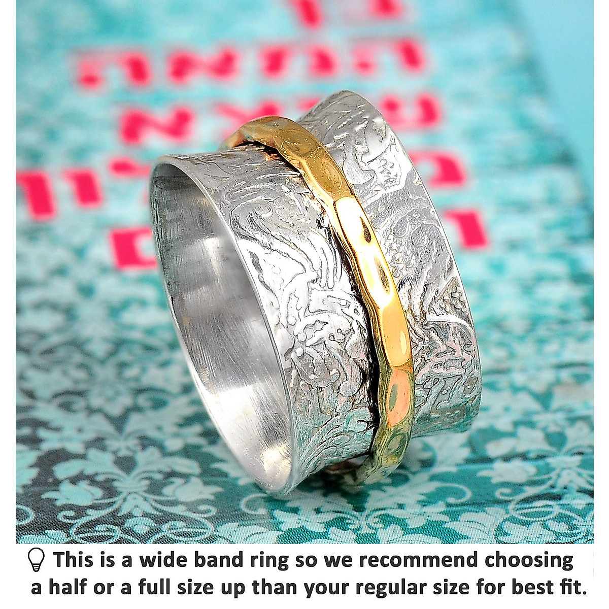 Boho-Magic 925 Sterling Silver Spinner Ring for Women with Brass Fidget Ring Flowers Band (10)