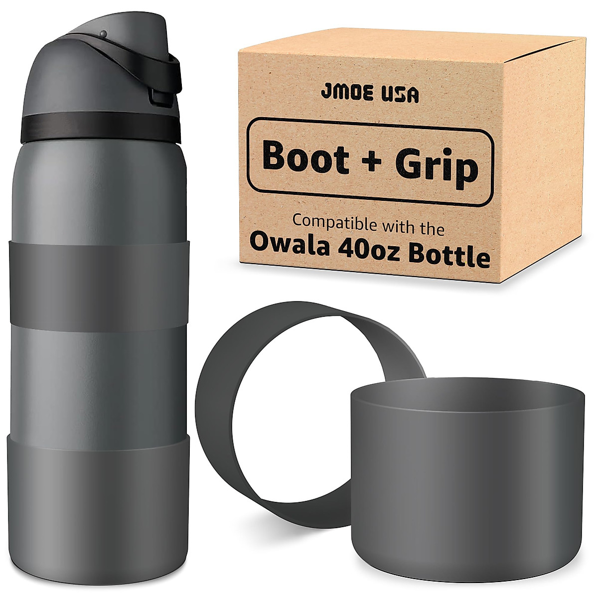 Jmoe USA Silicone Boot Sleeve + Hand Grip for Owala 40oz Water Bottle | BPA Free & Food-Grade Silicone Rubber | Protective Anti-Slip Bottom Bumper Cover | Protects Against Dents & Scratches (Grayt)