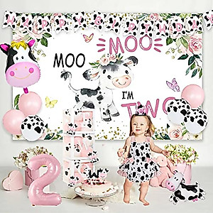 126 PCs Moo Moo Im Two Birthday Decorations Girl, Fiesec Cow 2nd Birthday Party Supplies Two Years Old Backdrop Balloon Garland Banner Cake Cupcake Toppers Boxes Cutout Crown Poster Pink White Black