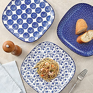 Selamica Porcelain Square Dessert Salad Pasta Plates 7.6 inches ceramic plates set of 6 microwave/dishwasher/oven safe, Vintage Blue