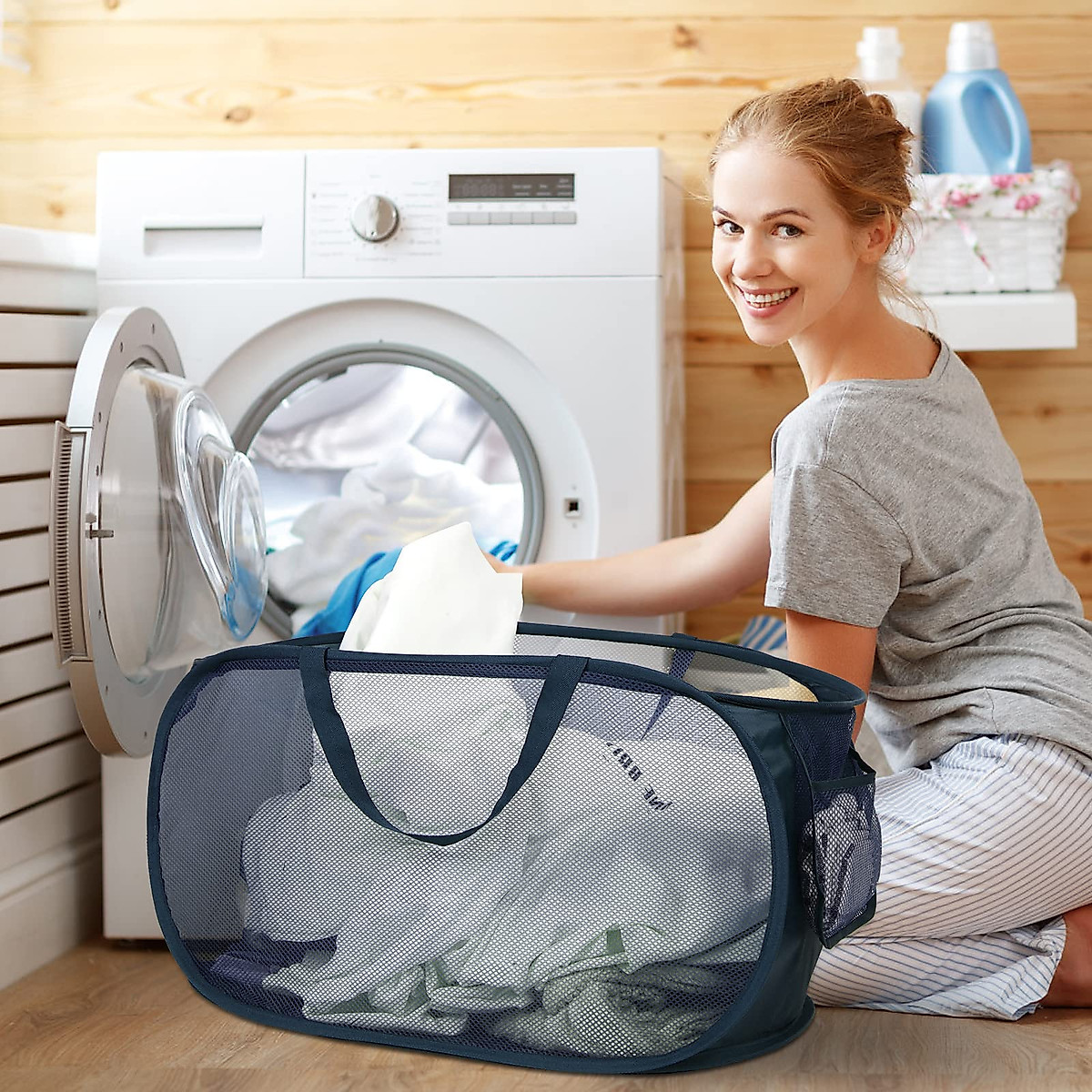 2 Pack Collapsible Laundry Baskets - Foldable Clothes Hampers for Laundry - Sturdy Pop Up Laundry Hampers for Home, Bedroom, Dorm, Kids Room, Travel Navy