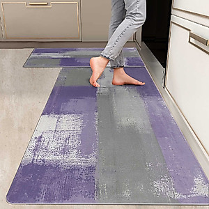 RYANZA 2 Pieces Kitchen Rugs, Abstract Anti Fatigue Non Slip Foam Cushioned Purple and Grey Art Painting Comfort Indoor Floor Mat Runner Rug Set for Laundry Office Sink Bathroom (17"x48"+17"x24")
