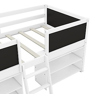 Low Loft Bed with 2 Movable Storage Shelves,Loft Bed with Chalkboard and Ladder,Twin Loft Bed Frames for Kids,Kids Twin Bed Frame Kid Bed Loft Bed for Kids,No Box Spring Needed,White