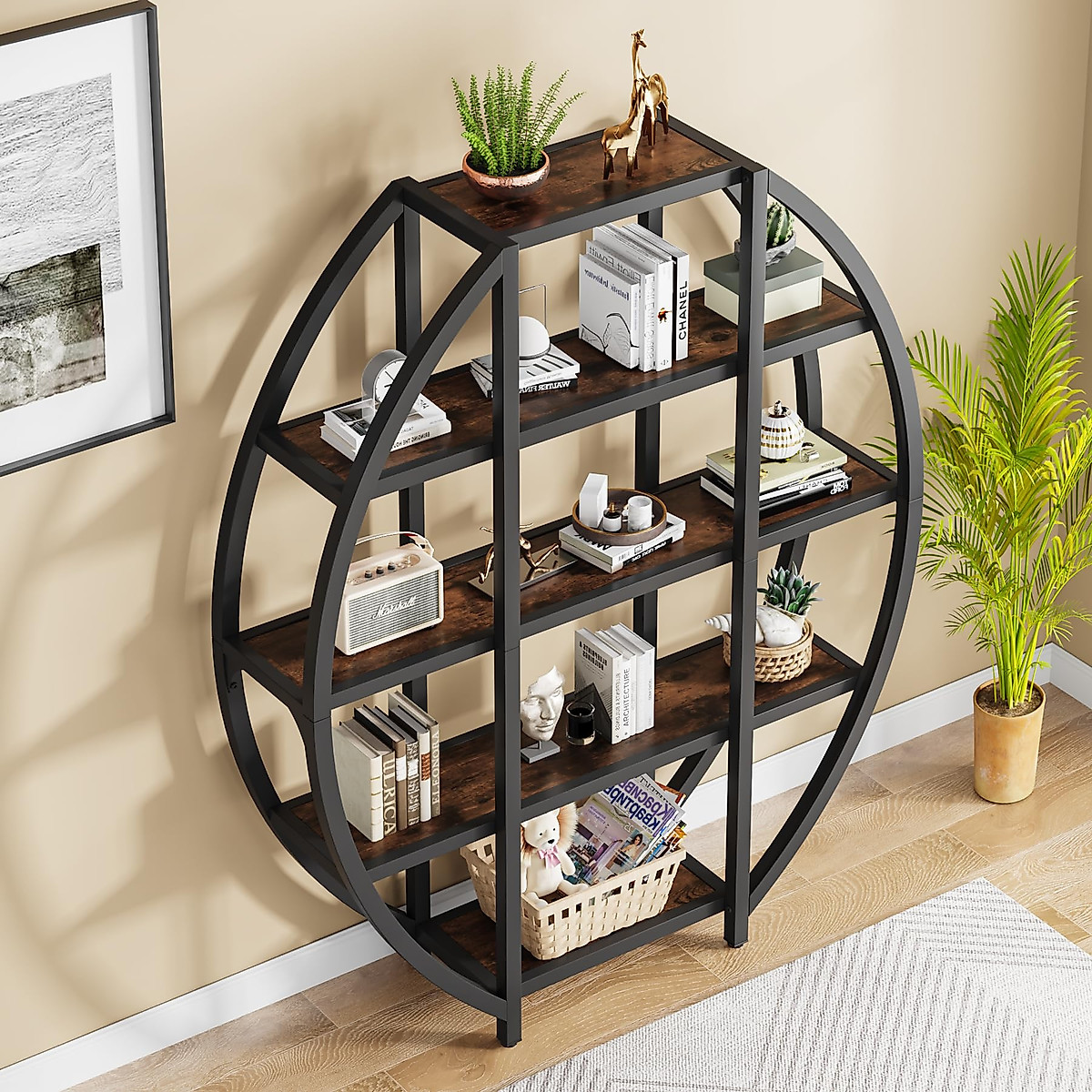 Tribesigns Etagere Bookcase, 5 Tiers Large Tall Oval Bookshelf, Industrial Wood Bookshelves Display Open Shelf Organizer for Living Room, Bedroom, Home Office
