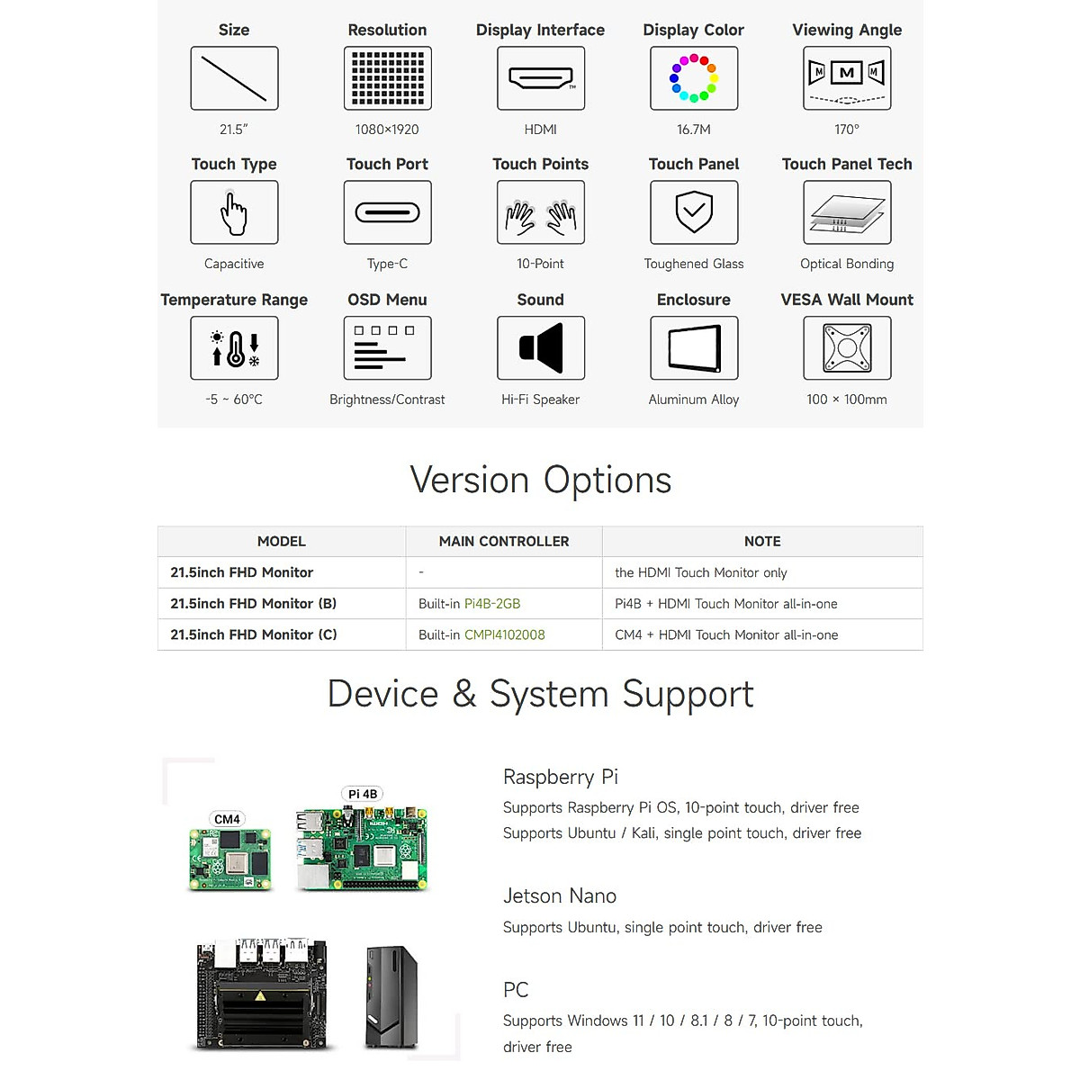 waveshare 21.5inch Capacitive Touch Monitor, 1080×1920 Full HD, Compatible with Raspberry Pi/Jetson Nano/PC-Monitor Only