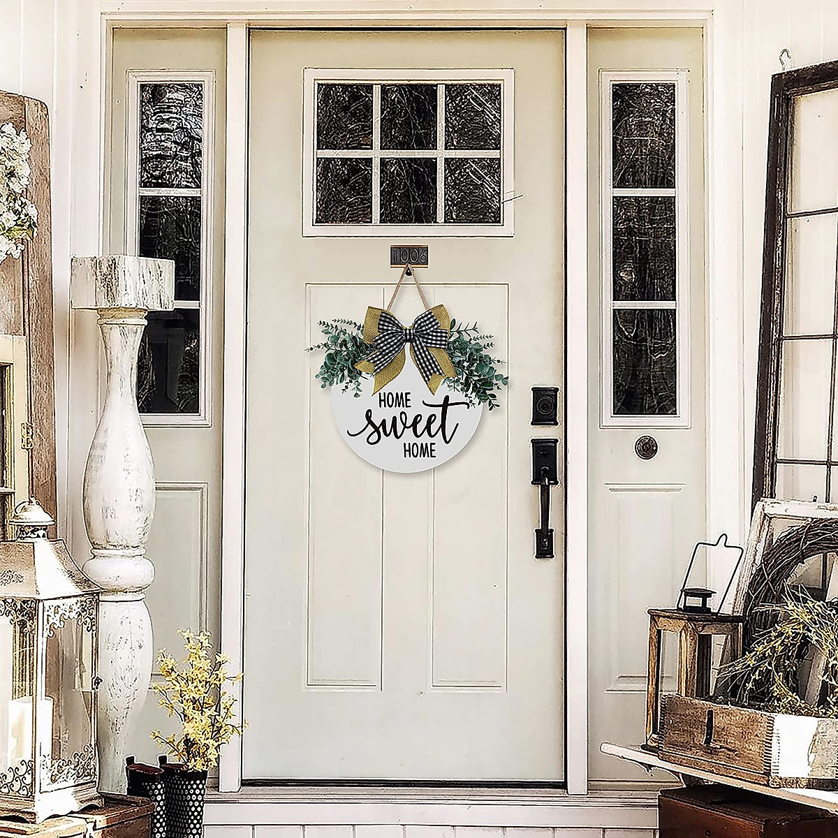 MayAvenue Home Sweet Home Wreaths Decor Sign Front Door, Round Wood Hanging Sign with Ribbon Bow and Artificial Green Leaves, Farmhouse Porch Decorations for Home Thanksgiving, White