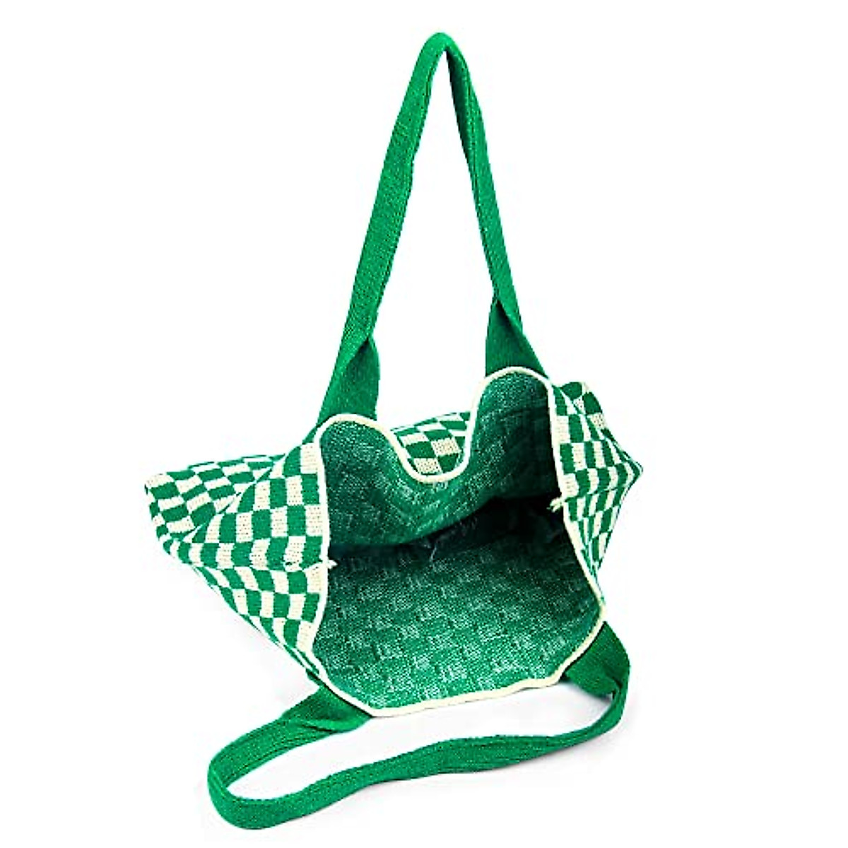Stizimn Crochet Tote Bag for Women Shoulder Bag Handbags Knitting Hobo Bag Aesthetic Handmade Weaving Large Capacity (Checkerboard Pattern Green)
