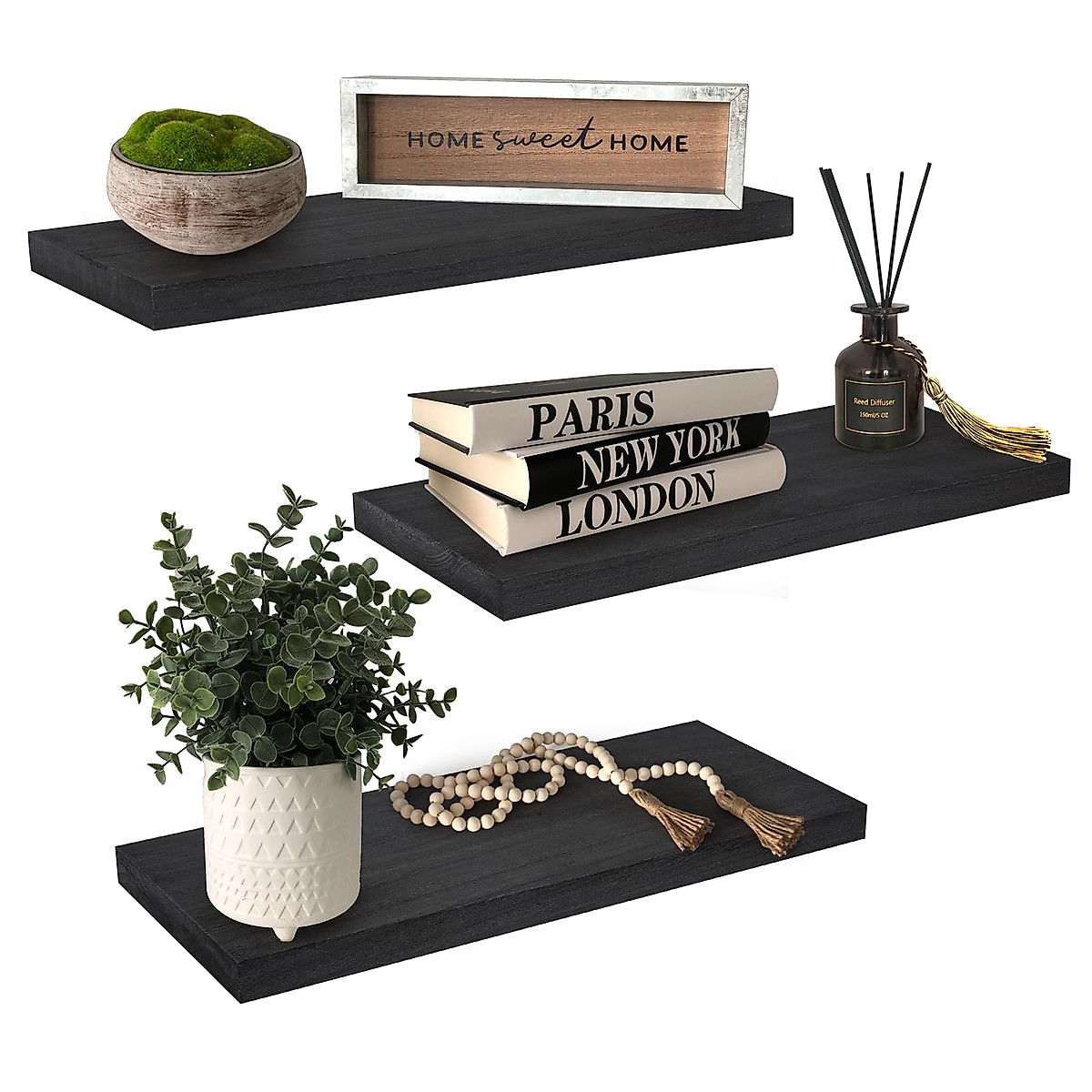 Arborynth Floating Shelves for Wall,17 Inch Rustic Wood Wall Shelves,Set of 3 Easy to Install Wall Mounted Wood Floating Shelf for Bathroom, Bedroom, Living Room,Black