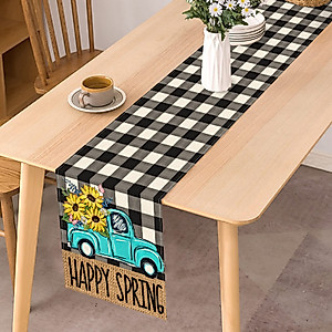 Seliem Happy Spring Blue Truck Table Runner, Black White Buffalo Check Plaid Kitchen Dining Table Decor, Sunflower Floral Flower Seasonal Burlap Farmhouse Home Decoration Party Supply 13 x 72 Inches