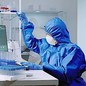 AMZ Disposable Coveralls with Hood, Medium Size. Pack of 5 Blue Hazmat Suits with Front Zip, Elastic Wrists and Ankles. 50 GSM SMS Lab Coveralls. Hazmat Costume Adult. Waterproof Painting Coveralls