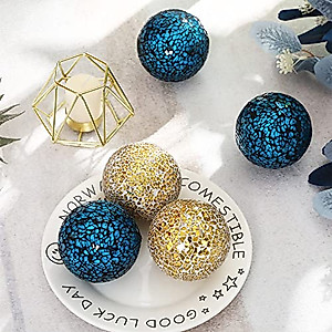 Honeydak 5 Pieces Glass Mosaic Sphere Decorative Balls for Centerpiece Bowls Turquoise Decorative Glass Balls Orbs Decorative Vases Fillers for Home Decoration Dining Table Bowls Tray, Blue,gold