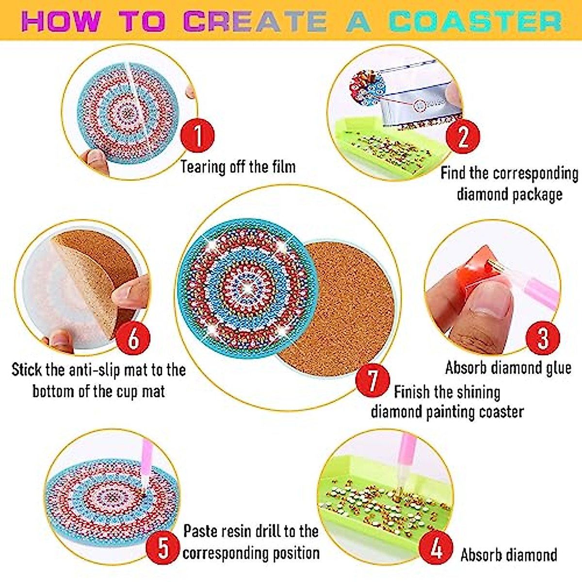 10 Pcs Diamond Painting Coasters with Holder, Mandala DIY Diamond Art Coasters Kits for Adults Kids Beginners Art Craft Supplies
