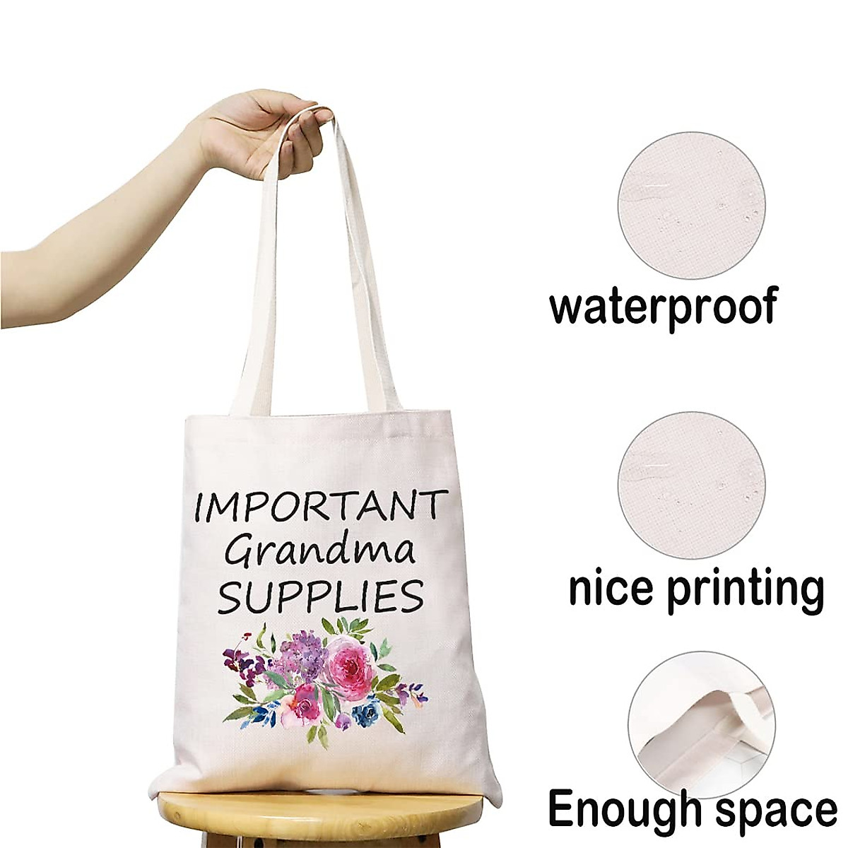 JXGZSO Important Grandma Supplies Tote Bag Grandma Birthday Gift Travel Gift Canvas Tote Bag (Grandma Supplies Tote)