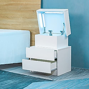 Yoluckea LED Nightstand for Bedroom, Modern High Gloss Wood 2 Drawers White Nightstand Bedside Table End Table with Flip Top Hidden Storage Compartment for Bedroom Living Room